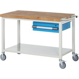 eurokraft pro Fahrbare Werkbank Serie 8000, Gestellbauweise, 1 Hängeschublade, Ablageboden, BxT 1250 x 700 mm