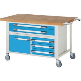 eurokraft pro Fahrbare Werkbank Serie 8000, Gestellbauweise, 5 Schubladen, 1 Tür, Platten-BxT 1500 x 900 mm