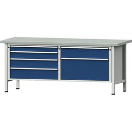 ANKE Werkbank mit XL/XXL-Schubladen, Gestellbauweise, Breite 2000 mm, 6 Schubladen, Stahlblechbelagplatte, Front enzianblau