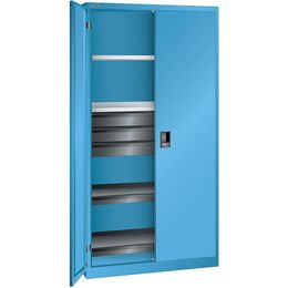 LISTA Fl&uuml;gelt&uuml;renschrank, HxBxT 1950 x 1000 x 580 mm, Leergeh&auml;use mit 2 Fachb&ouml;den, 2 Ausziehb&ouml;den und 3 Schubladen, lichtblau
