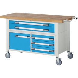 eurokraft pro Fahrbare Werkbank Serie 8000, Gestellbauweise, 5 Schubladen, 1 Tür, Platten-BxT 1500 x 700 mm