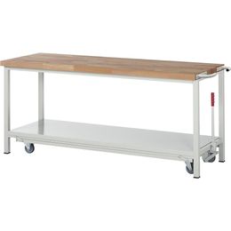 eurokraft pro Fahr- und absenkbare Werkbank, Gestellbauweise Serie 8000, 1 Ablageboden, BxT 2000 x 700 mm