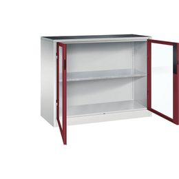 C+P Sichtfenster-Flügeltürschrank, HxBxT 1000 x 1200 x 500 mm, 1 Fachboden, lichtgrau / rubinrot