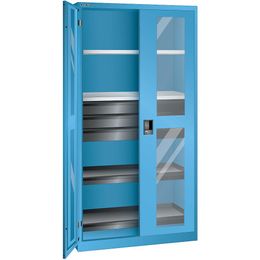 LISTA Sichtfensterschrank, HxBxT 1950 x 1000 x 580 mm, mit 2 Fachböden, 2 Auszugböden und 3 Schubladen, lichtblau