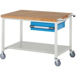 eurokraft pro Fahrbare Werkbank Serie 8000, Gestellbauweise, 1 Hängeschublade, Ablageboden, BxT 1250 x 900 mm