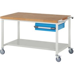 eurokraft pro Fahrbare Werkbank Serie 8000, Gestellbauweise, 1 Hängeschublade, Ablageboden, BxT 1500 x 900 mm