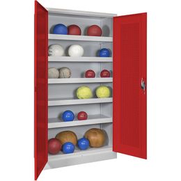 Pavoy Ball-Fl&uuml;gelt&uuml;rschrank, H&ouml;he 1950 mm, mit Lochblech-T&uuml;ren, Breite 1000 mm, grau / rot