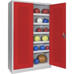 Pavoy Ball-Fl&uuml;gelt&uuml;rschrank, H&ouml;he 1950 mm, mit Lochblech-T&uuml;ren, Breite 1200 mm, grau / rot