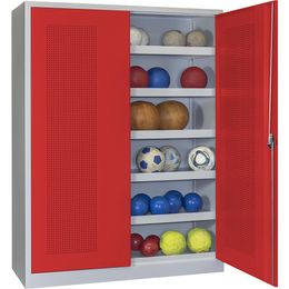 Pavoy Ball-Fl&uuml;gelt&uuml;rschrank, H&ouml;he 1950 mm, mit Lochblech-T&uuml;ren, Breite 1500 mm, grau / rot
