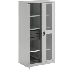 LISTA Sichtfensterschrank, HxBxT 1950 x 1000 x 580 mm, mit 8 Fachb&ouml;den, 6 Schubladen, lichtgrau