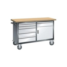 LISTA Kompaktwerkbank, fahrbar, 6 Schubladen, 1 T&uuml;r, 1 Fachboden, Korpus grau metallic, Front lichtgrau