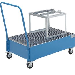 eurokraft basic Fahrbare Auffangwanne aus Stahlblech, LxB 1200 x 800 mm, 1 x 200-l-Fass liegend, blau RAL 5012