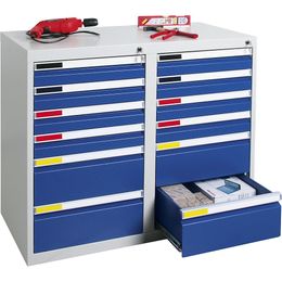 Schubladenschrank, Breite 1000 mm, 12 Schubladen, lichtgrau / enzianblau kaiserkraft
