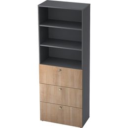 eurokraft pro Kombi-Schrank, 2 Fachböden, 3 Hängeregistraturschübe, graphit / Nussbaum-Dekor