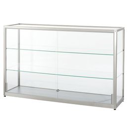 Vitrine, halbhoch, H&ouml;he 910 mm, 2 Schiebet&uuml;ren, BxT 1500 x 400 mm, silber eloxiert kaiserkraft