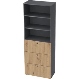 eurokraft pro Kombi-Schrank, 2 Fachböden, 3 Hängeregistraturschübe, graphit / Asteiche