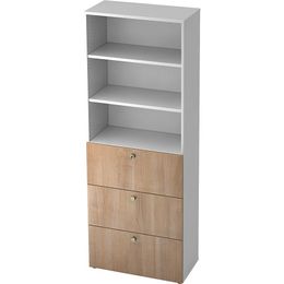 eurokraft pro Kombi-Schrank, 2 Fachböden, 3 Hängeregistraturschübe, weiß / Nussbaum-Dekor