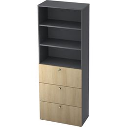 eurokraft pro Kombi-Schrank, 2 Fachböden, 3 Hängeregistraturschübe, graphit / Eiche