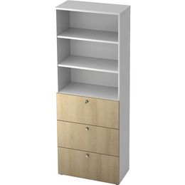 eurokraft pro Kombi-Schrank, 2 Fachböden, 3 Hängeregistraturschübe, weiß / Eiche