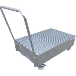 eurokraft basic Fahrbare Auffangwanne aus Stahlblech, LxB 1200 x 800 mm, 2 x 200-l-Fass stehend, feuerverzinkt