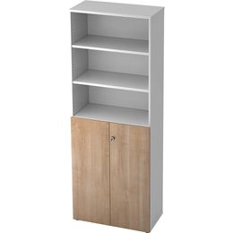 eurokraft pro Kombi-Schrank, 5 Fachböden, 2 Flügeltüren, weiß / Nussbaum-Dekor