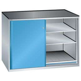 LISTA Schiebet&uuml;renschrank, Traglast Auszugboden 75 kg, 4 Verstellb&ouml;den, 2 Auszugb&ouml;den, lichtgrau / lichtblau