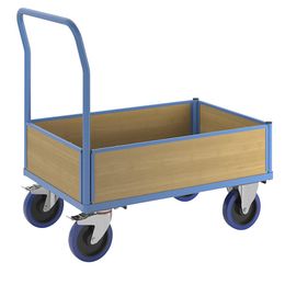 eurokraft pro Plattformwagen mit Holzw&auml;nden, Vollelastik-Rollen, 3 halbhohe W&auml;nde, Plattform-LxB 1010 x 660 mm