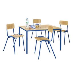eurokraft basic Mehrzweck-Sitzgruppe, 1 Tisch, 4 Stühle, Tischplatte Buche-Dekor, Gestell enzianblau