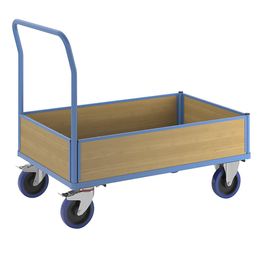 eurokraft pro Plattformwagen mit Holzw&auml;nden, Vollelastik-Rollen, 3 halbhohe W&auml;nde, Plattform-LxB 1210 x 760 mm