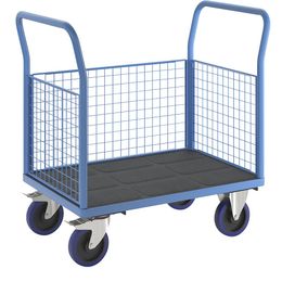 eurokraft pro Plattformwagen mit Gitterw&auml;nden, Vollelastik-Rollen, 3 hohe Gitter, LxB 1000 x 675 mm