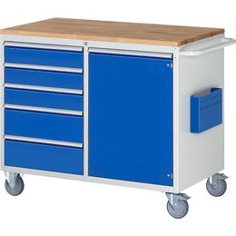 Rau Kompaktwerkb&auml;nke, fahrbar, 5 Schubladen, 1 T&uuml;r, Holzarbeitsfl&auml;che, lichtgRau / enzianblau