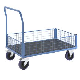 eurokraft pro Plattformwagen mit Gitterw&auml;nden, Vollelastik-Rollen, 4 halbhohe Gitter, LxB 1200 x 750 mm