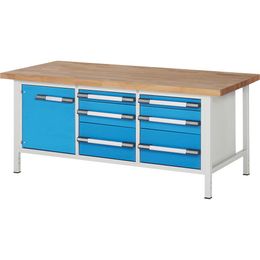 eurokraft pro Werkbank, Gestellbauweise Serie 8000, 6 Schubladen: 2 x 90, 2 x 180, 2 x 270 mm, 1 T&uuml;r 540 mm, BxT 2000 x 900 mm