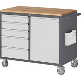 Rau Kompaktwerkb&auml;nke, fahrbar, 5 Schubladen, 1 T&uuml;r, Holzarbeitsfl&auml;che, anthrazit / lichtgRau