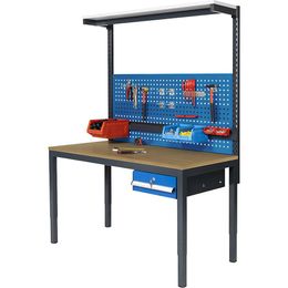 Komplett-Arbeitsplatz, h&ouml;henverstellbar, inkl. Einzelschublade, Lochwand, K&auml;stenschiene, Etagenbord, Multiplex-Platte kaiserkraft