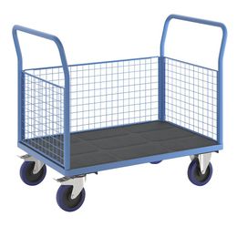 eurokraft pro Plattformwagen mit Gitterw&auml;nden, Vollelastik-Rollen, 3 hohe Gitter, LxB 1200 x 775 mm