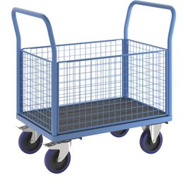 eurokraft pro Plattformwagen mit Gitterw&auml;nden, Vollelastik-Rollen, 4 hohe Gitter, LxB 1000 x 650 mm