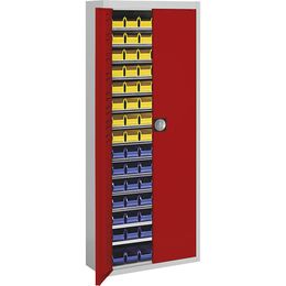 Mauser Magazinschrank mit Sichtlagerkästen, HxBxT 1740 x 680 x 280 mm, zweifarbig, Korpus grau, Türen rot, 90 Kästen