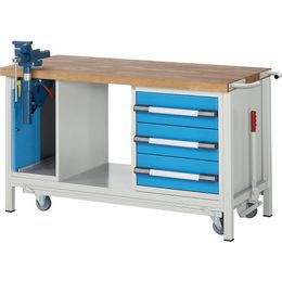 eurokraft pro Fahr- und absenkbare Werkbank, Gestellbauweise Serie 8000, 3 Schubladen, Klapplift-Schraubstock, BxT 1500 x 700 mm