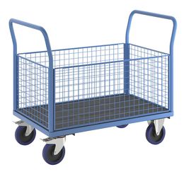 eurokraft pro Plattformwagen mit Gitterw&auml;nden, Vollelastik-Rollen, 4 hohe Gitter, LxB 1200 x 750 mm