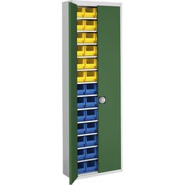 Mauser Magazinschrank mit Sichtlagerkästen, HxBxT 2150 x 680 x 280 mm, zweifarbig, Korpus grau, Türen grün, 52 Kästen