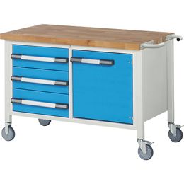 eurokraft pro Fahrbare Werkbank Serie 8000, Gestellbauweise, 3 Schubladen, 1 Tür, BxT 1250 x 700 mm