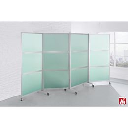 Mobile Faltstellwand, schwer entflammbar, Alurahmen mit ESG-Sicherheitsglas, HxBxT 1900 x 3700 x 450 mm, satiniert kaiserkraft