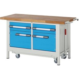 eurokraft pro Fahr- und absenkbare Werkbank, Gestellbauweise Serie 8000, 2 Schubladen, 2 Türen, BxT 1500 x 700 mm