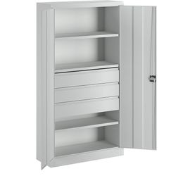 Pavoy Schwerlastschrank, H&ouml;he 1950 mm, 3 Fachb&ouml;den, 3 Schubladen &agrave; 175 mm, grau