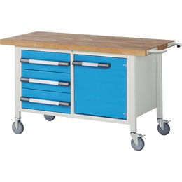 eurokraft pro Fahrbare Werkbank Serie 8000, Gestellbauweise, 3 Schubladen, 1 Tür, BxT 1500 x 700 mm