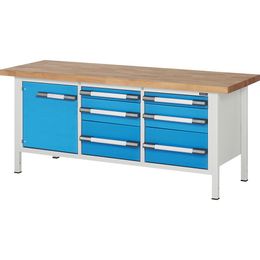 eurokraft pro Werkbank, Gestellbauweise Serie 8000, 6 Schubladen: 2 x 90, 2 x 180, 2 x 270 mm, 1 T&uuml;r 540 mm, BxT 2000 x 700 mm