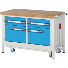 eurokraft pro Fahr- und absenkbare Werkbank, Gestellbauweise Serie 8000, 2 Schubladen, 2 Türen, BxT 1250 x 700 mm