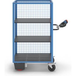 eurokraft pro Etagenwagen mit Elektroantrieb, L&auml;ngsseite offen, 2 Etagenb&ouml;den, lichtblau