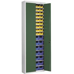 Mauser Magazinschrank mit Sichtlagerkästen, HxBxT 2150 x 680 x 280 mm, zweifarbig, Korpus grau, Türen grün, 82 Kästen